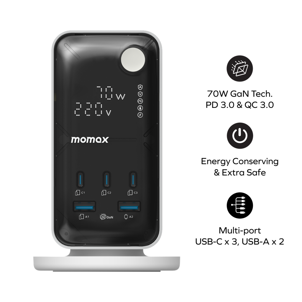 MOMAX 1-CHARGE 70W WORK FLOW 6-OUTLET DIGITAL DISPLAY POWER TOWER WITH ...
