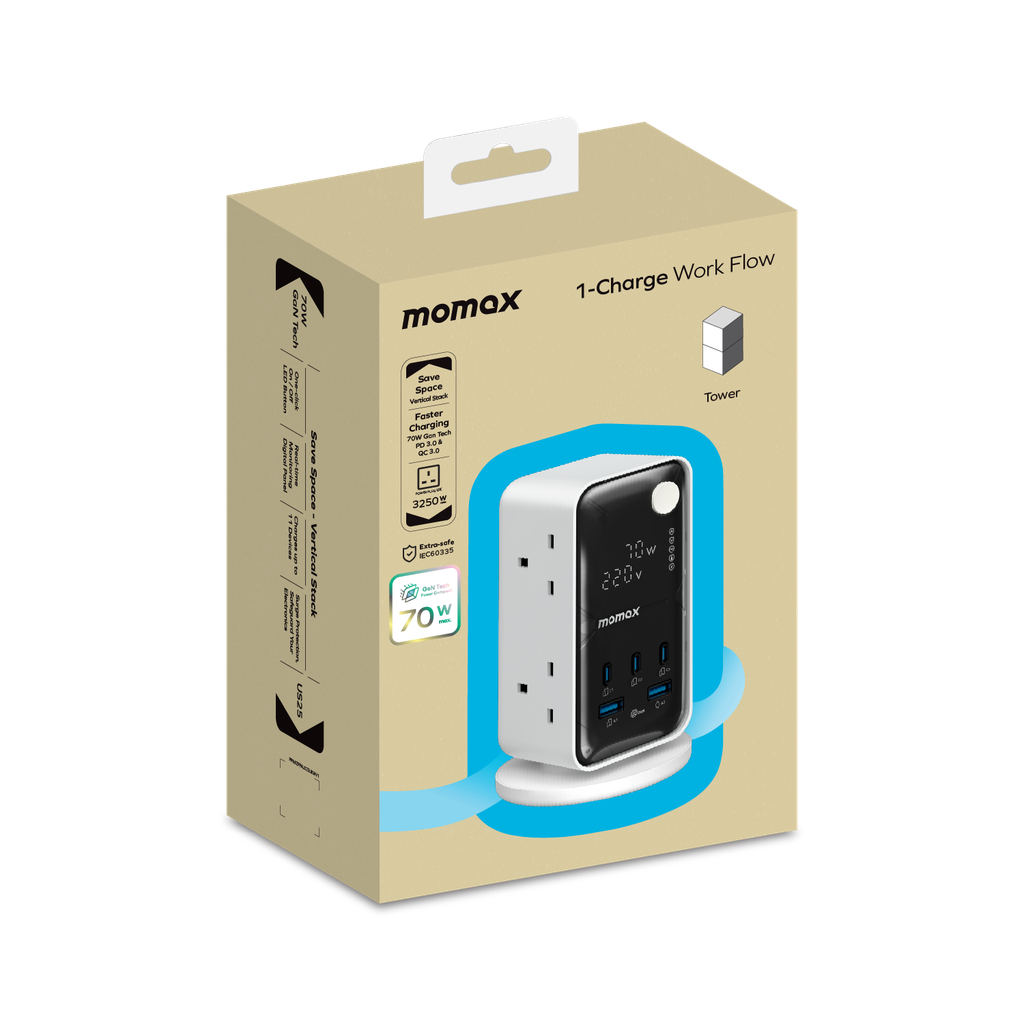 MOMAX 1-CHARGE 70W WORK FLOW 6-OUTLET DIGITAL DISPLAY POWER TOWER WITH ...